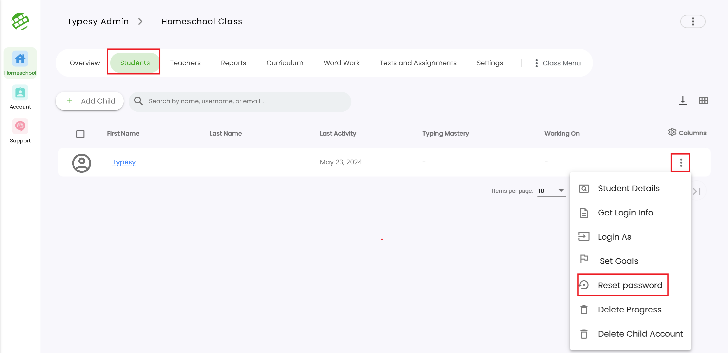 How to reset or change a student's password
