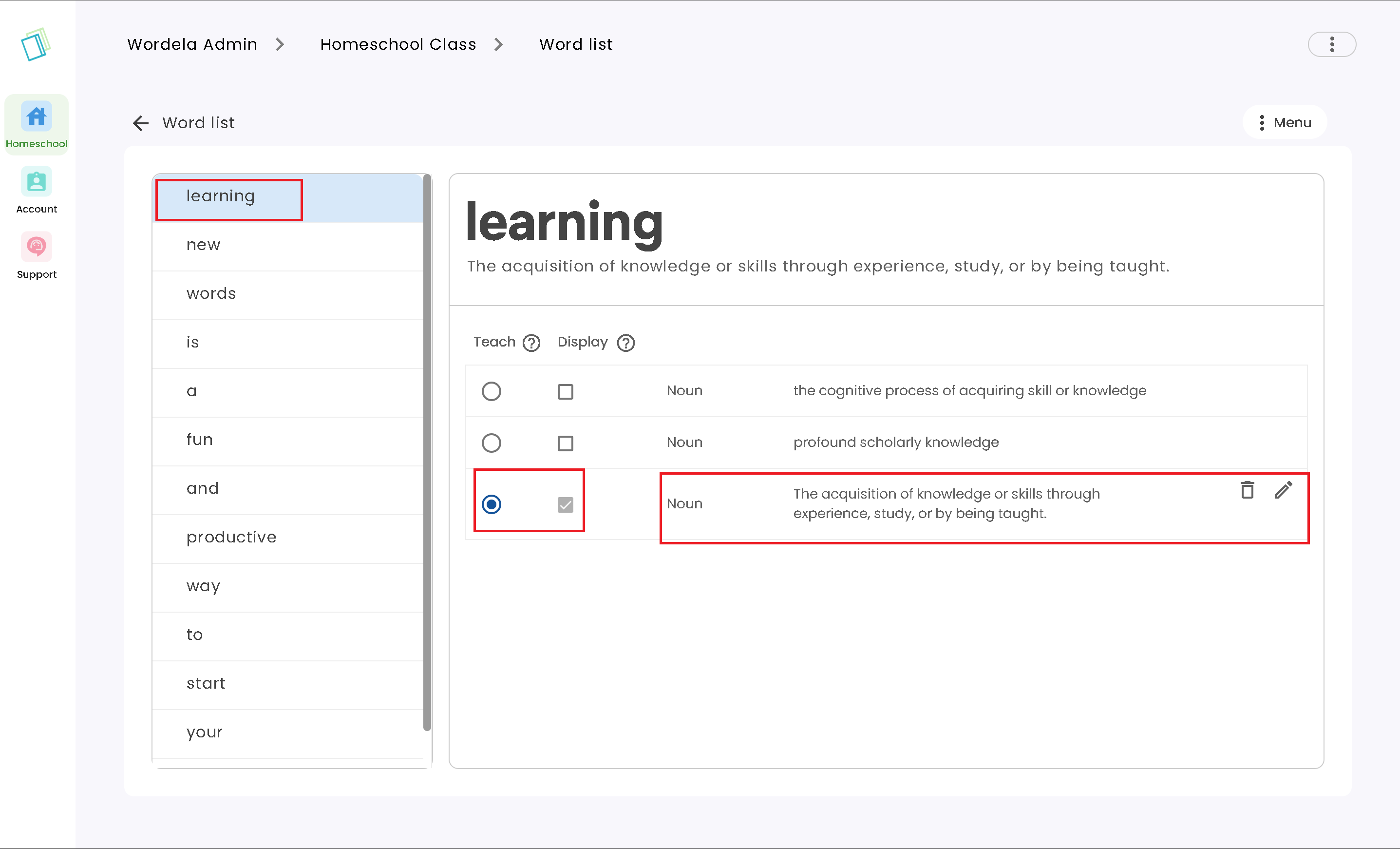 How can I choose the definition displayed or create my own definition?