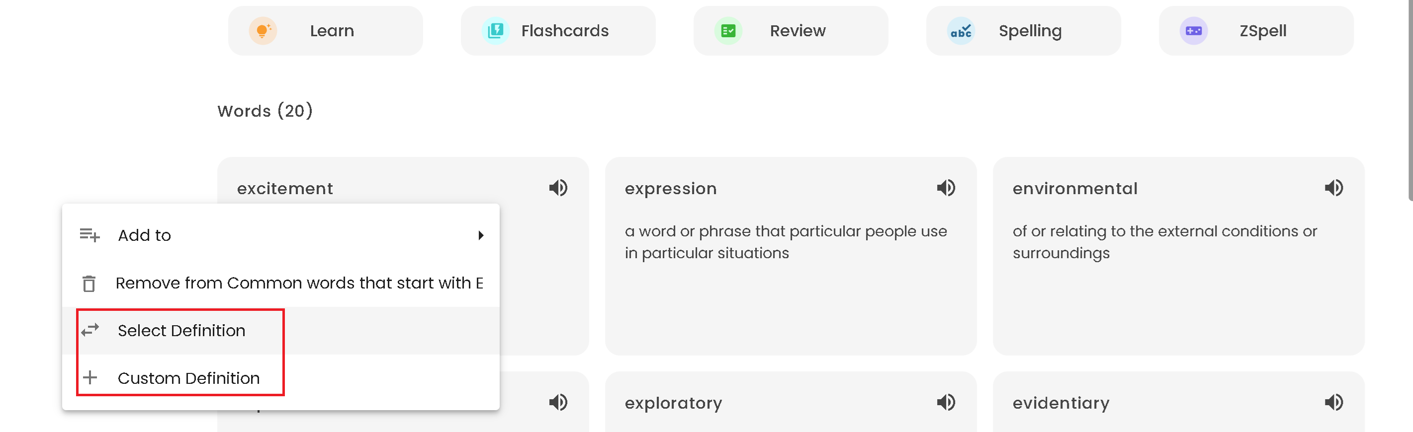 How can I choose the definition displayed or create my own definition?